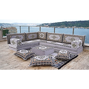 Gray L Shaped Arabic Sofa Set, Floor Couch, Sectional Sofas, Arabic Majlis, Turkish Rug, Couch Covers for 3, Sofa Bed, Poufs (L Sofa + Rug + Poufs)