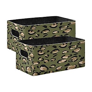 Kigai Hunter Green Leopard Storage Basket for Shelves, Foldable Open Storage Bins with Double Handle, Set of 2 Rectangular Felt Storage Organizer Boxes for Office Desk Home