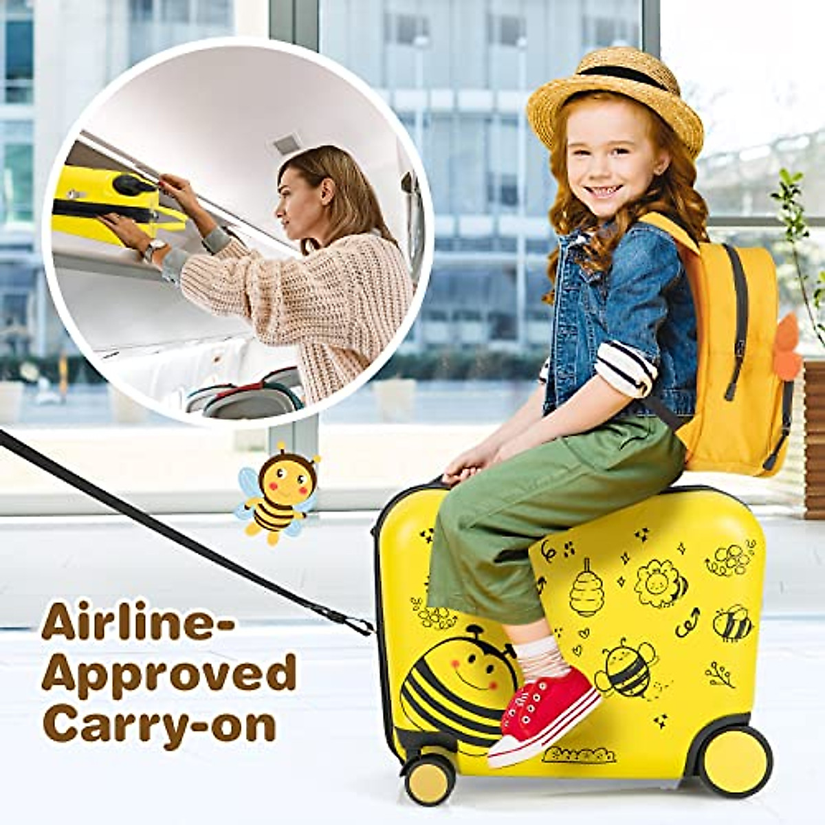 BABY JOY 2PC Kids Luggage Set, 4 in 1 Toddler 18” Ride-on & Carry-on Hardshell Suitcase with Wheels, Anti-Lose Rope, 12” Backpack Set, Lightweight Travel Rolling Trolley for Boys Girls (Cute Bee)
