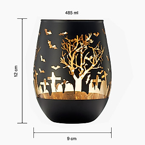 The Wine Savant Crystal Stemless Spooky Wine Glasses - Set of 2 - Themed Vibrant Black & Gold Spooky Ghost Pattern Frosted Glass, Themed Gothic Parties, Graveyard Black Gifts (16 OZ)