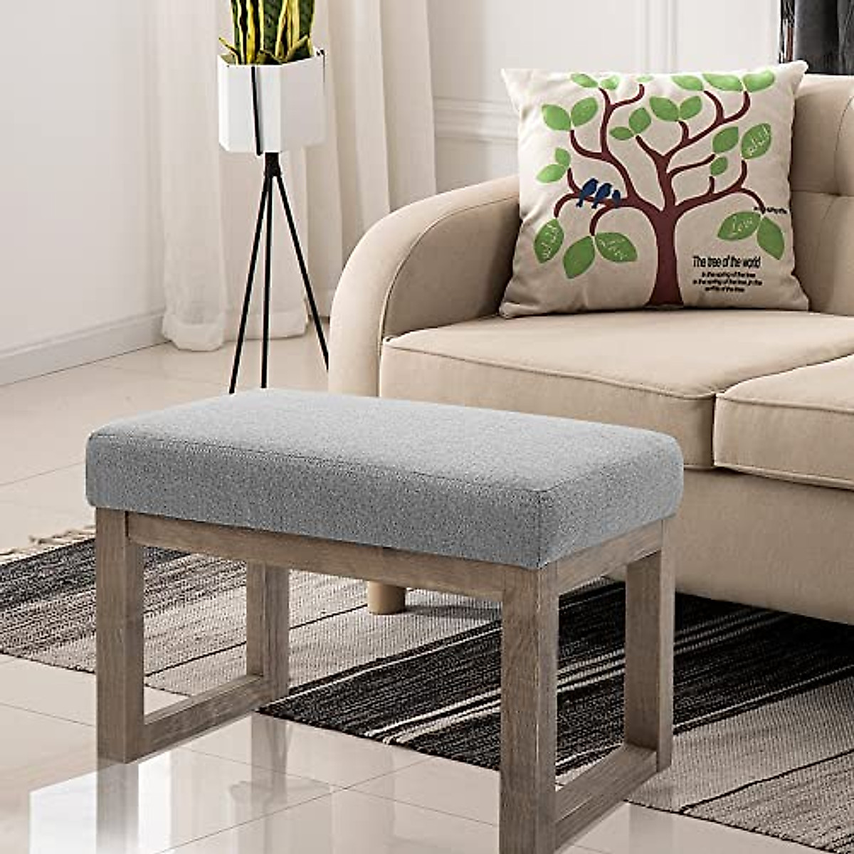 Homestripe 27 Inch Wide Rectangle Ottoman Bench Grey Footstool, Linen Look Polyester Fabric for Living Room, Bedroom, Grey
