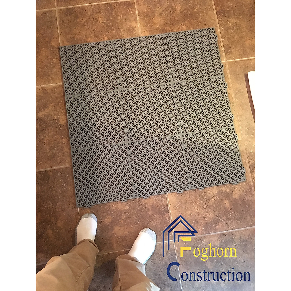 Set of 9 Interlocking Gray Rubber Floor Tiles- 11.5 inches Each Side - Non-Slip Tread - Wet Areas Like Pool Shower Locker-Room Bathroom Deck Patio Garage Boat. Can be Cut to fit- Foghorn Construction