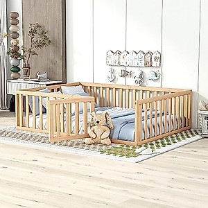 Harper & Bright Designs Full Size Floor Bed with Safety Guardrails and Door, Wood Toddler Floor Bed Frame for Girls/Boys, Full Montessori Floor Bed for Kids,Natural
