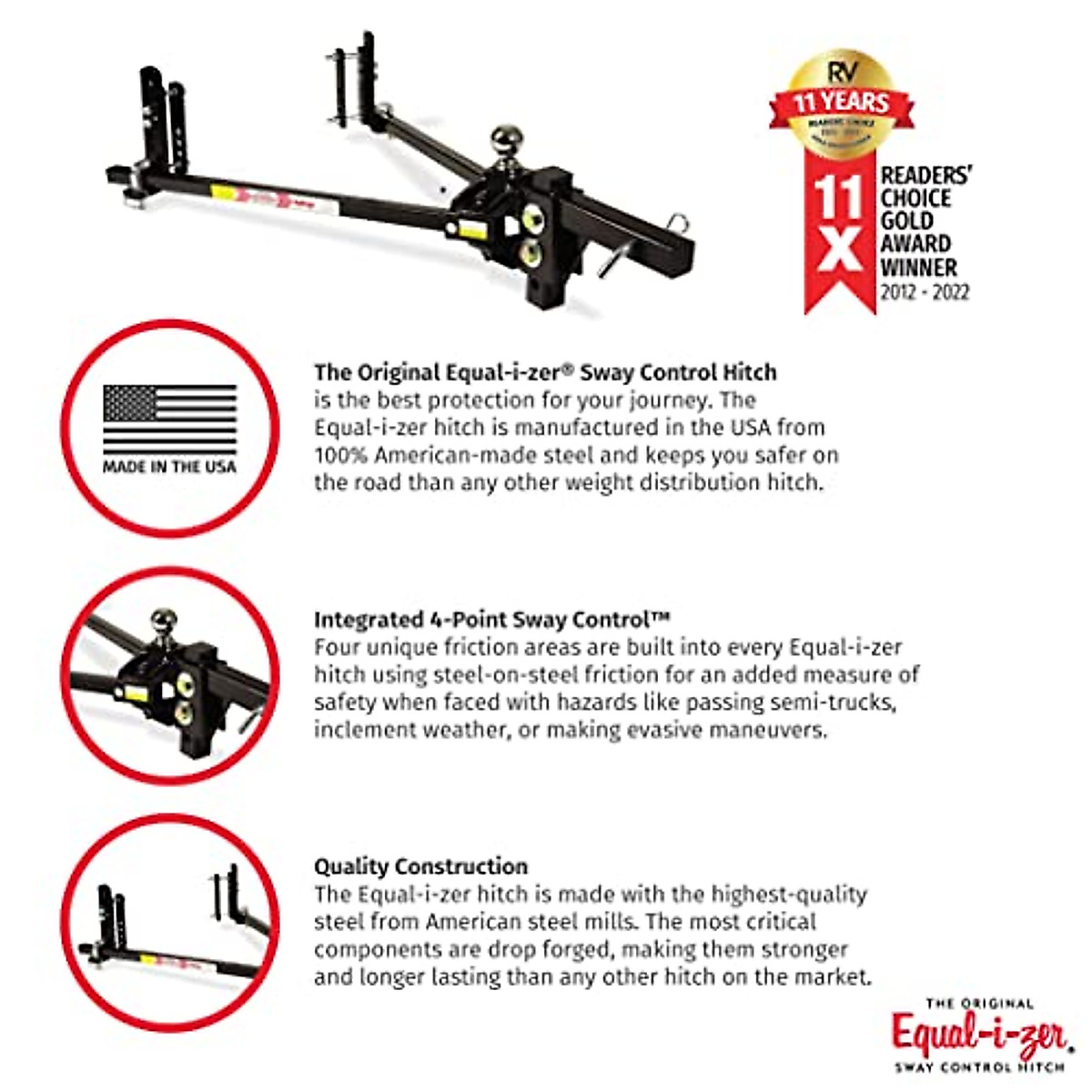 Equal-i-zer 4-point Sway Control Hitch, 90-00-1201, 12,000 Lbs Trailer Weight Rating, 1,200 Lbs Tongue Weight Rating, Weight Distribution Kit DOES NOT Include Hitch Shank, Ball NOT Included