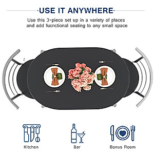 VECELO 3 Piece Small Round Dining Table Set for Kitchen Breakfast Nook, Wood Grain Tabletop with Wine Storage Rack, Save Space, 31.5", Black & Silver