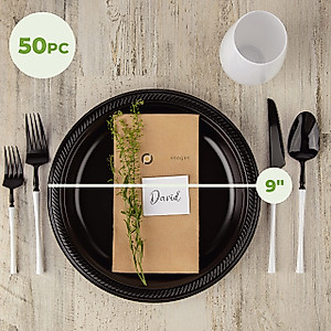 FRAMO Disposable Black Plastic Plates, Pack of 120-9-Inch Round Plastic Plates Special Events, Party, Dinner, Picnic, or Travel - Bulk Pack Party Supplies