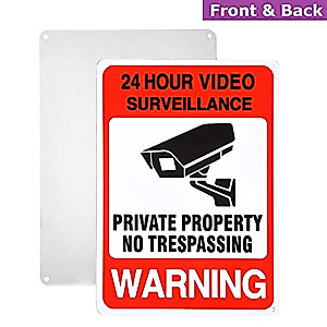 Olodeer 4 Pack Private Property No Trespassing Warning Sign,10x7 Inches 0.4 Aluminum Anti-Rust, 24 Hours Video Surveillance Warning Signs Outdoor Use