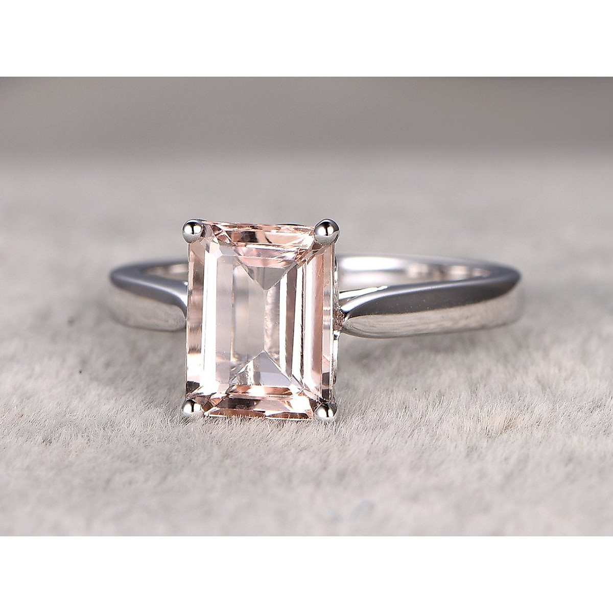 3pcs Engagement Ring Set,7x9mm Emerald Cut Pink Morganite 14k White Gold Diamond Stacking Matching Band