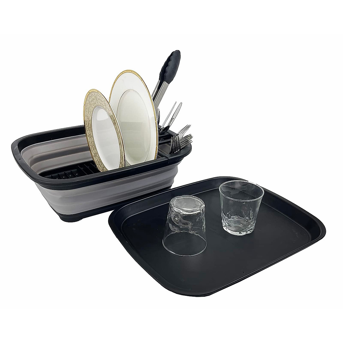 SAMMART 8L (2.11Gallons) Collapsible Dish Drainer with Drainer Board - Foldable Drying Rack Set - Portable Dinnerware Organizer - Space Saving Kitchen Storage Tray (Black/Alloy Grey)