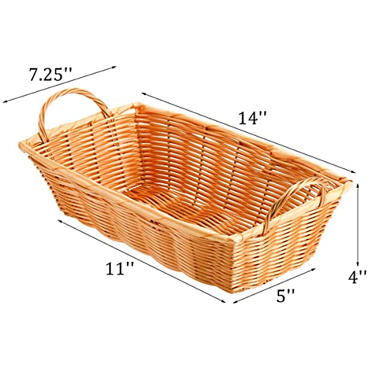 Yesland 6 Pcs Poly Wicker Bread Basket with Handle, 14 Inch Rectangular Imitation Rattan Fruit Storage Baskets - Stackable Empty Gift Basket for Vegetables, Food Serving, Display, Outdoor, Brown