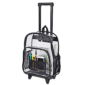 Rolling Clear Backpack, Heavy Duty See Through Bookbag, Transparent PVC Cold-resistant Backpack with Wheels ( Black)