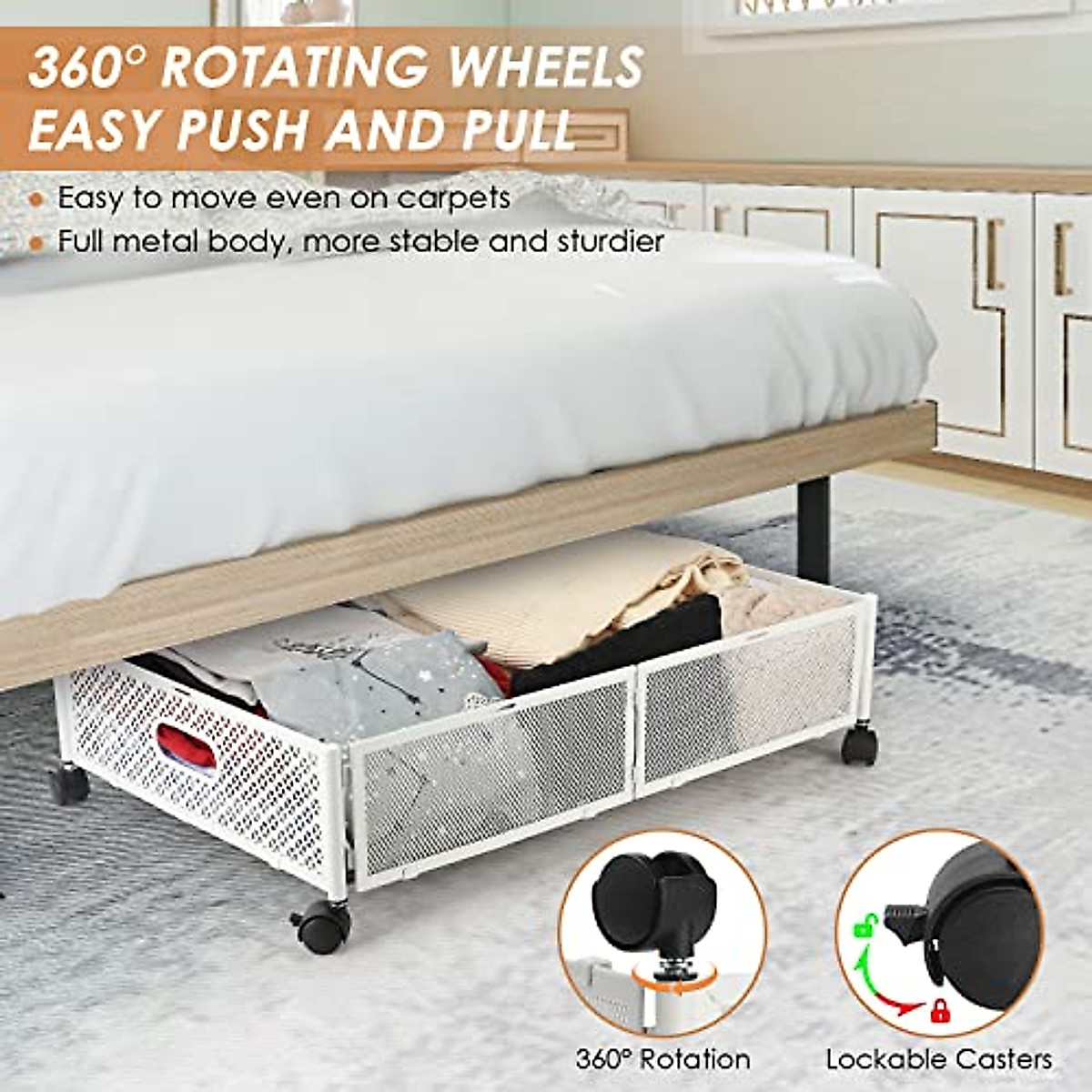 Under Bed Storage Containers with Wheels,2 Pack Black Underbed Storage Shoes Organizer Containers,Upgraded Wheels with Large Capacity Metal Underbed,Storage Containers for Bedroom Clothing Shoes