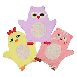 Uonlytech Natural Loofah Sponge 3pcs Skin- friendly Kids Bath Mitts Lovely Animal Shower Gloves Soft Terry Cloth Bath Puppet Baby Washcloths Shower Loofah Sponge for Kids Mens Body Scrubber