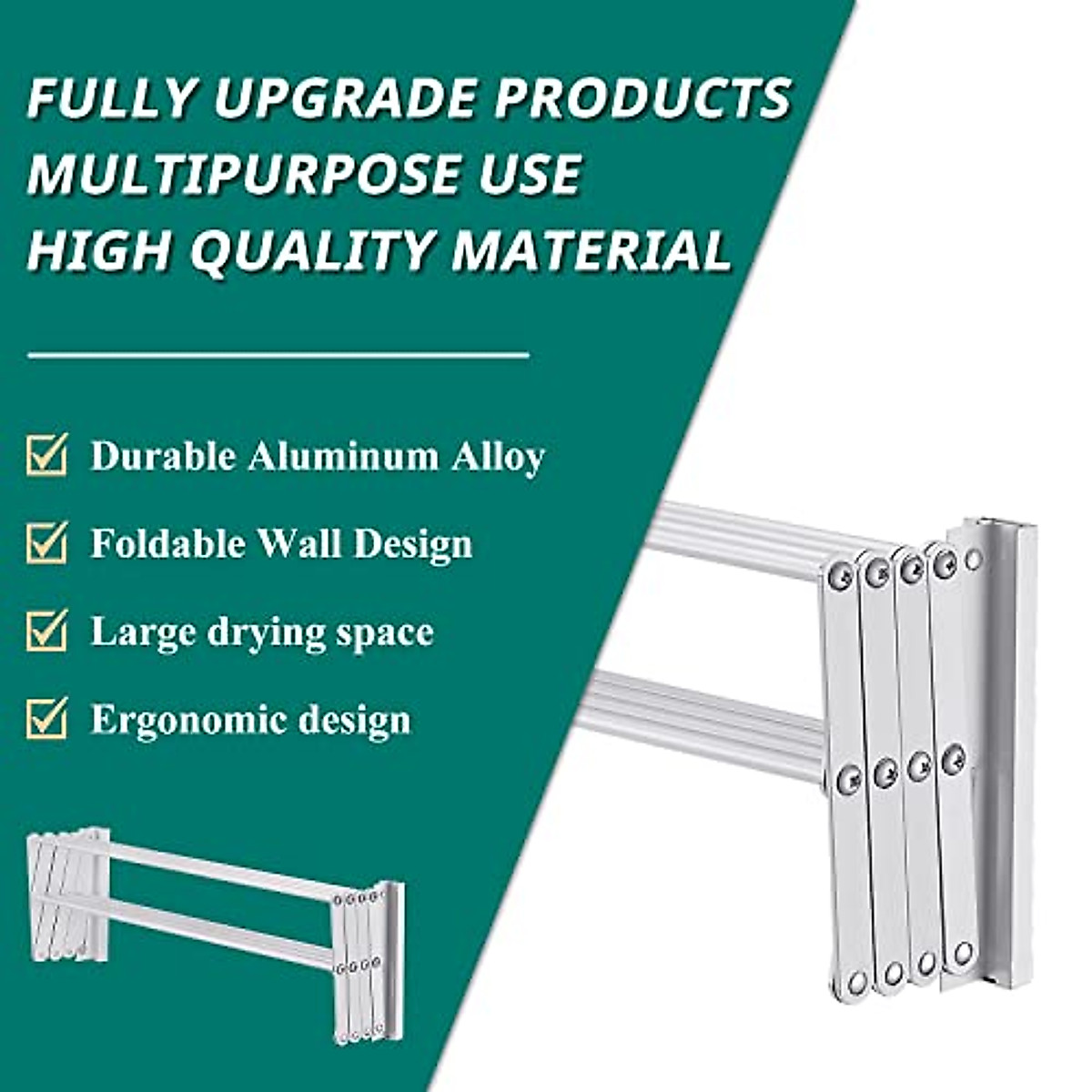 X-cosrack Wall Mount Clothes Drying Rack, Rustproof Accordion Retractable Drying Rack for Laundry Room/Bathroom Tower, 8 Bar Space-Saving Aluminium Alloys Garment Hanger 16.8 Linear Feet Pearl Silver