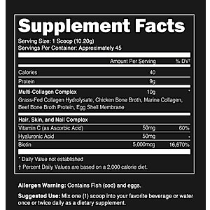 Premium Multi Collagen Peptides Protein Powder (1, 2, 3, 5 & 10) with Vitamin C, Biotin, Hyaluronic Acid, for Hair Skin and Nails - Marine, Bovine, Chicken & Eggshell (Unflavored, 45 Servings)