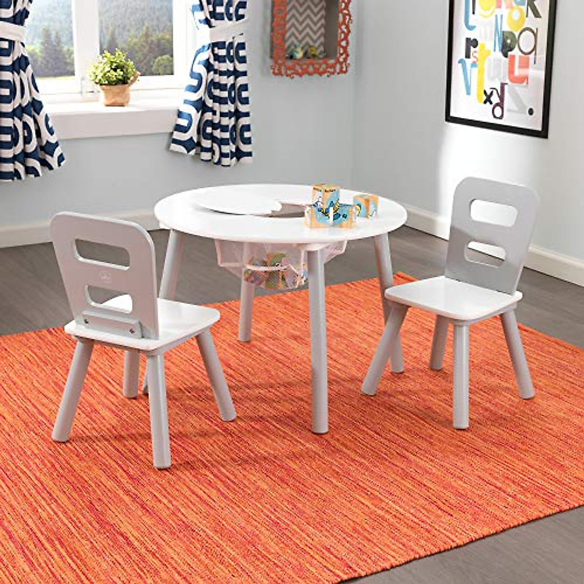 KidKraft 26166 Round Table and Chair Set, White/Gray, 3 & Wooden Sling Bookcase, Sturdy Canvas Fabric, Chevron Pattern- Gray & White