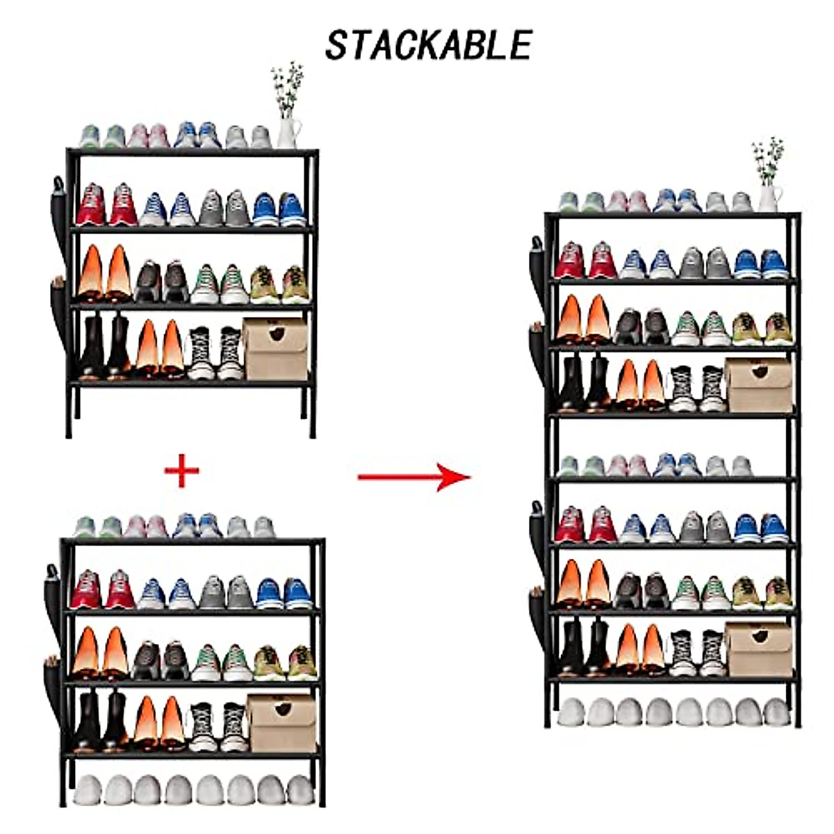 SORCEDAS Shoe Rack Storage Organizer 4 Tier Black Metal Stackable Shelf with Side Pocket for Closet Entryway Floor Hallway (4 Tier, Black)
