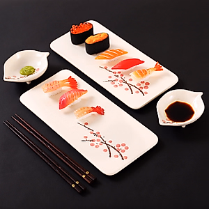 Relaxing Garden Japanese sushi plate set, 10-inch rectangle ceramic sushi dishes, sushi set with 2 japanese dishes and 2 dipping dishes and 2 pairs of chopsticks, sushi serving set for 2
