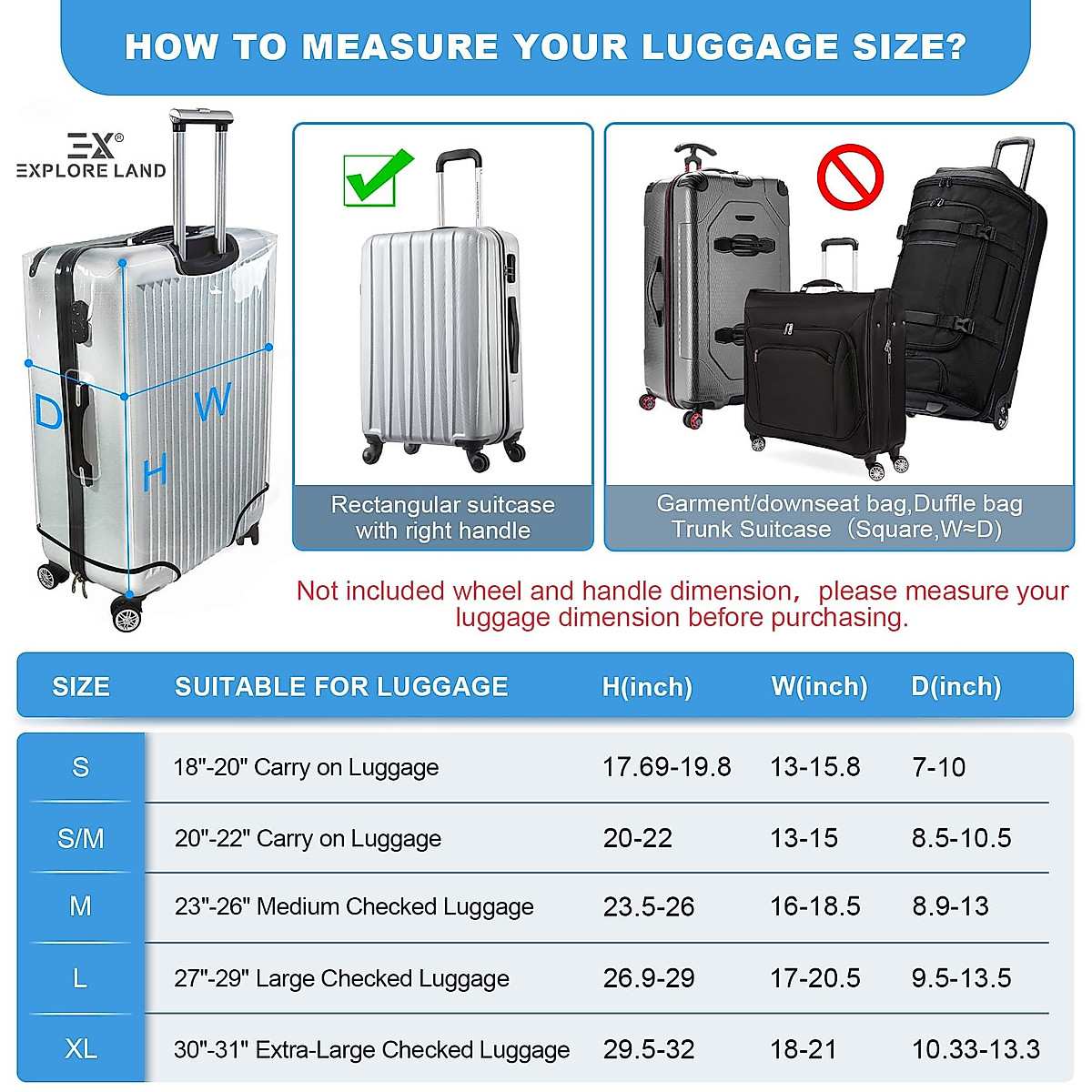 Explore Land Clear Luggage Cover Tough Protector Fits for 30-32 Inches Suitcase for Travel Airplane (PVC, XL)