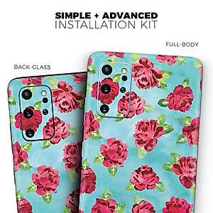 DesignSkinz Shabby Chic Flowers Over Aqua Watercolor Pattern Protective Vinyl Decal Wrap Skin Cover Compatible with The Samsung Galaxy S20 (Screen Trim & Back Glass Skin)