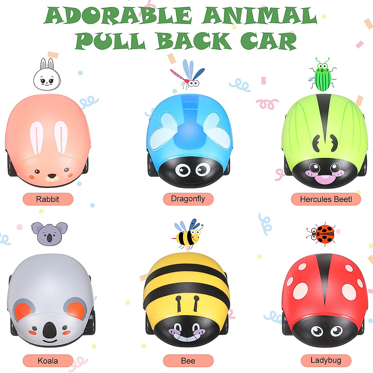 Skylety 6 Pieces Animals Pull Back Cars Friction Powered Push and Go Back and Forth Vehicles Car Toys Friction Powered Vehicle Playset Toys