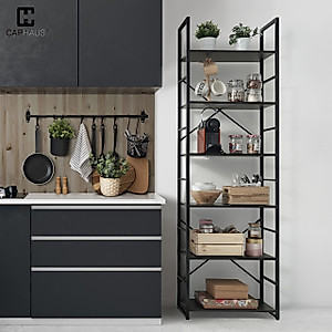 CAPHAUS 6 Tier Bookshelf, 24 Inch Width Free Standing Shelf, Bookcase Shelf Storage Organizer, Industrial Book Shelves for Home Office, Living Room, Kitchen, Black Shelves & Metal Frame