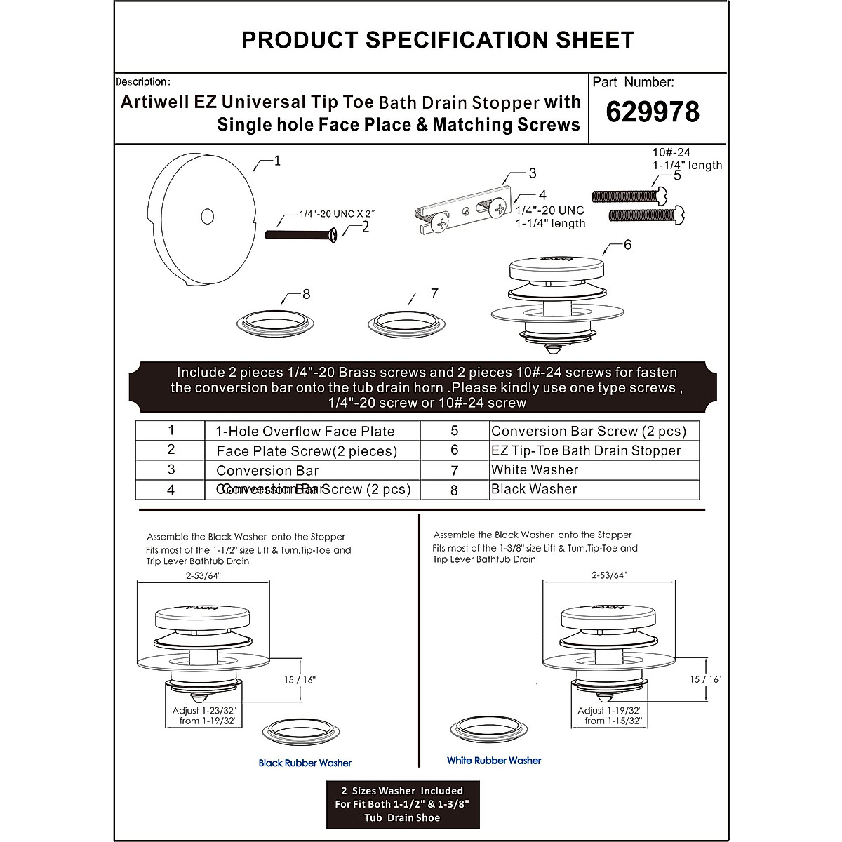 Gold Universal Tub Drain Tip Toe Tub Conversion Kit Assembly, Artiwell EZ Installation Bathtub Drain Replacement Trim Kit with 1-Hole Overflow Face Plate and Pop-Up Tub Stopper,Brushed Gold