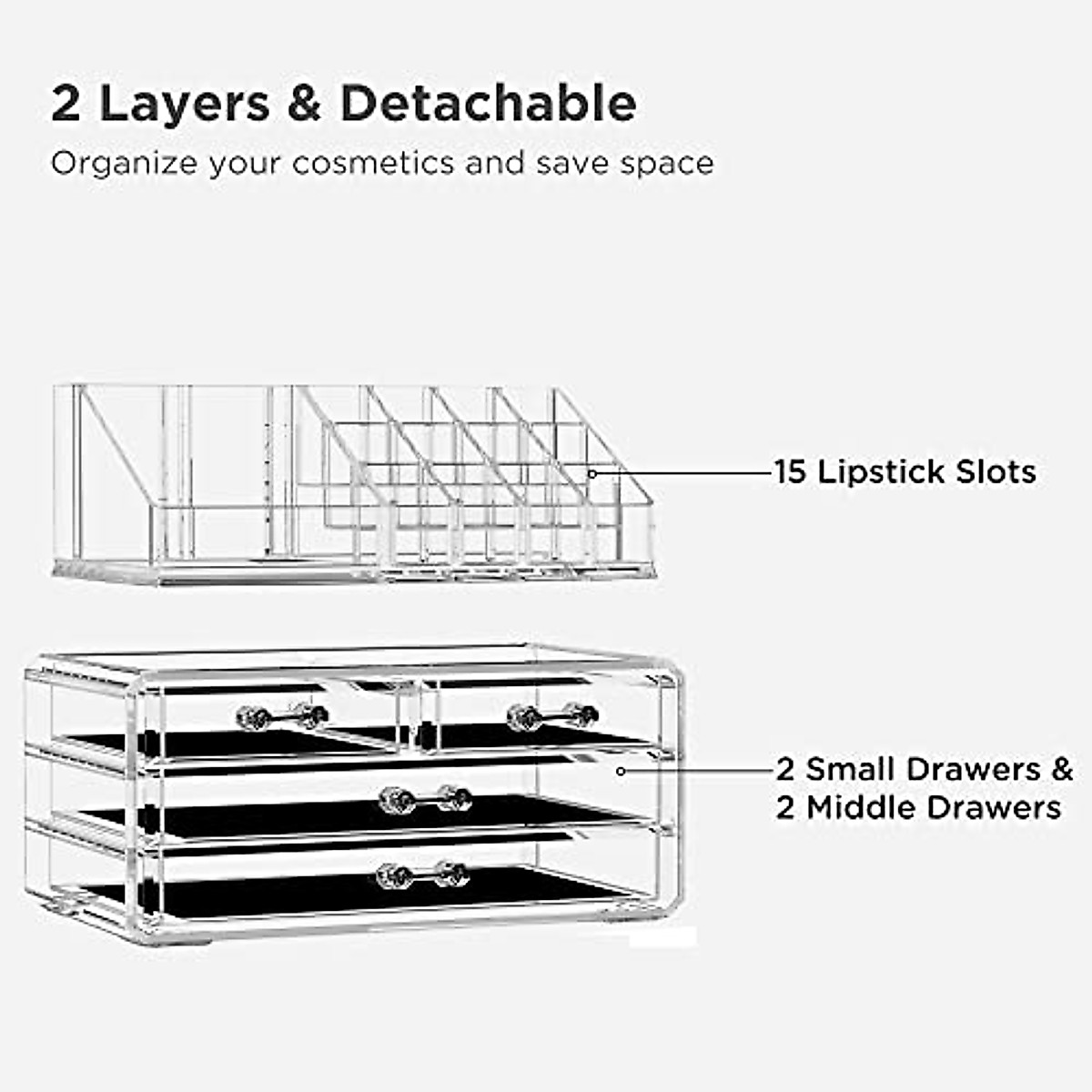 HBlife Acrylic Clear Dustproof Makeup Storage Organizer Drawers Large Skin Care Cosmetic Display Cases for Bathroom Stackable Storage Box with 4 Drawers for Vanity (Clear)