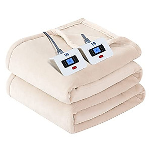 SEALY Electric Blanket Queen Size, Flannel Heated Blanket with 10 Heating Levels & 1-12 Hours Auto Shut Off, Fast Heating Warm Blanket, Machine Washable, Beige, 84 x 90 Inch
