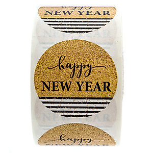 Black & Gold Happy New Year Stickers/500 New Year Labels/Happy New Year Faux Glitter Sticker