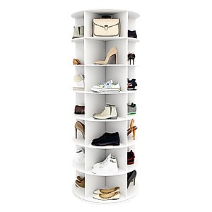 Toemics 7 Tier Rotating Shoe Rack Tower, 360° Spinning Display Lazy Susan Organizer, Holds 35 Pairs, Carousel for Shoes & Handbags, Easy Assembly, Includes 4 PCS Double-Layer Shoe Racks, White