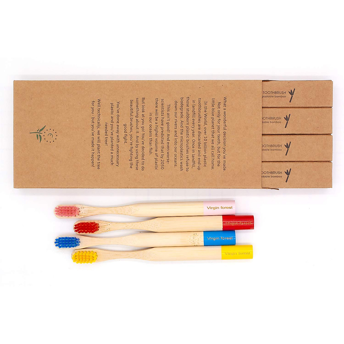 Virgin Forest Kids Bamboo Toothbrushes, Child Size Soft BPA Free Colored Safe Bristles (4 Pack)