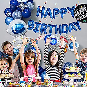 Blue Outer Space Balloon Garland Kit, Aerospace Theme Party Decorations With Rocket Astronaut Balloons and Metallic Silver and Metallic Blue Happy Birthday Decoration