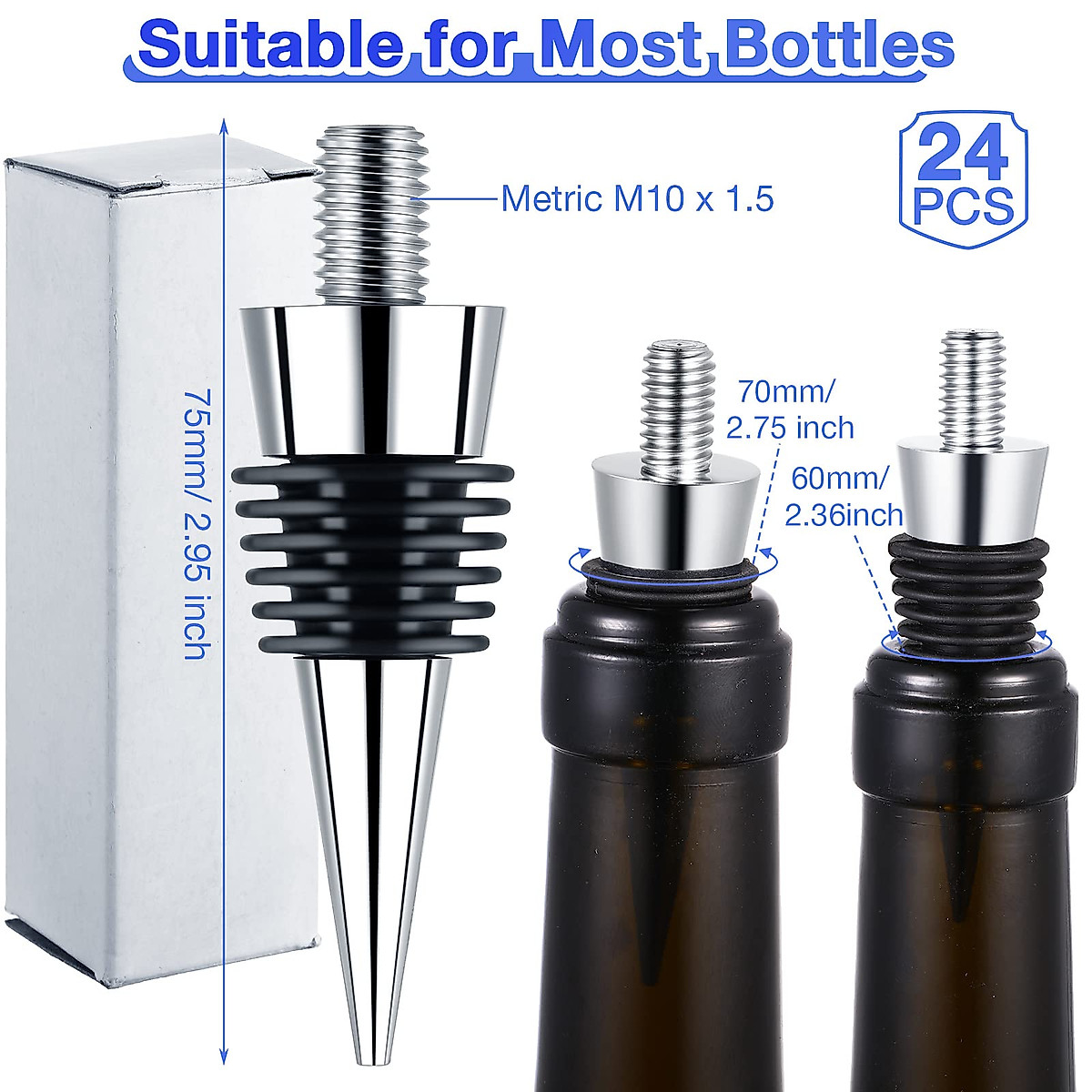 24 Pieces Classic Bottle Stopper Zinc Alloy Wine Bottle Stopper Kits Rubber Wine Stoppers Kits Ring Wine Topper Reusable Wine Corks Bottle Stopper Inserts Set for Wedding Party Bar Turning DIY Craft