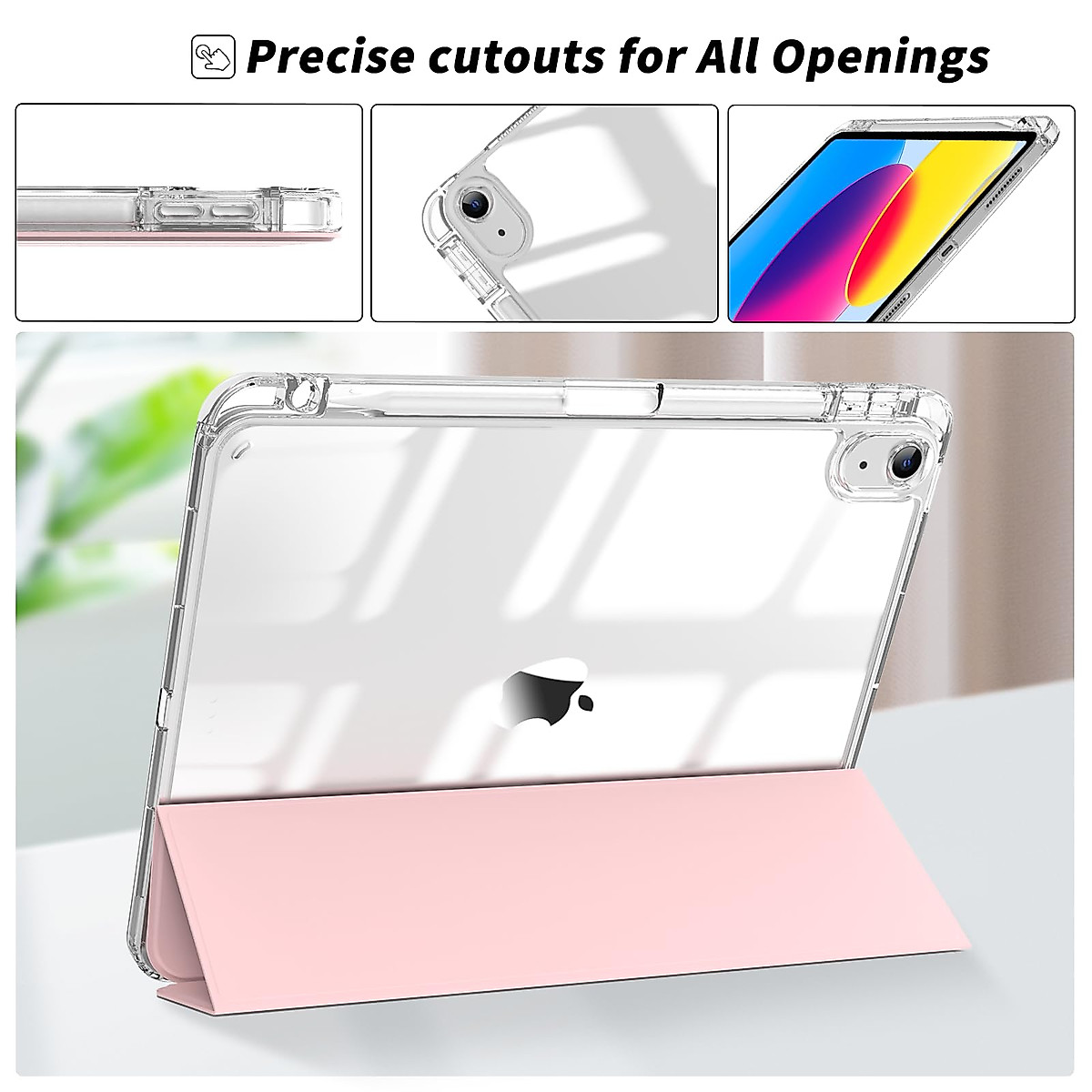 KVTVOU 10th Generation Case 2022 Built-in with Pencil Holder, Auto Wake/Sleep, Clear & Slim Back with Trifold Stand Protective Cover for 10th Gen 2022 Mdoel 10.9 Inch Case, Light Pink