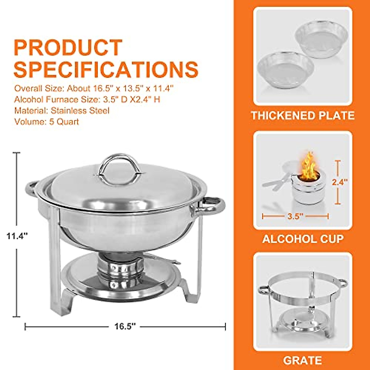 SUPER DEAL Upgraded 5 Qt Full Size Stainless Steel Chafing Dish Round Chafer Buffet Catering Warmer Set w/Food and Water Pan, Lid, Solid Stand and Fuel Holder