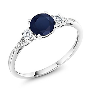Gem Stone King 10K White Gold 6MM Round Gemstone Birthstone White Created Sapphire & White Diamond Accent 3-Stone Engagement Ring | Three-Stone Wedding Anniversary Promise Ring For Women