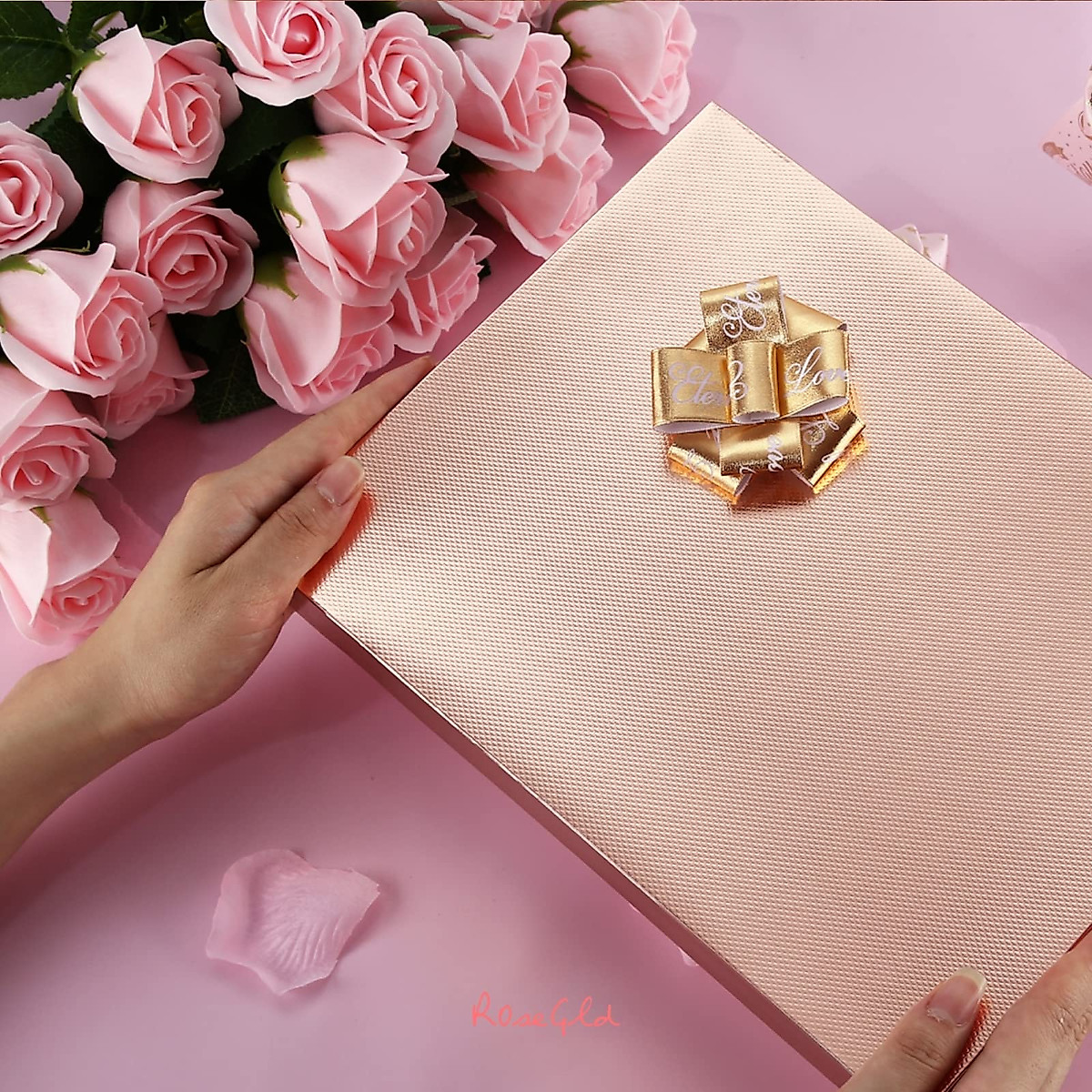 ROSEGLD 12 Gift Boxes with Lids 11x8.5x1.5 Inches, Gift Boxes for Clothes, Apparel Gift Boxes, Clothing Gift Boxes, Rose Gold Gift Wrap Boxes (Glossy Rose Gold with Grain Texture)