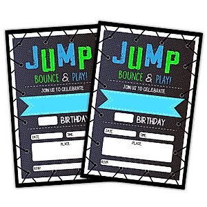 CLIRBE Trampoline Jump Birthday Party Invitations, Bounce House Birthday Invitations For Boys Girls, Kids Birthday Invites, Theme Birthday Party Decorations, 20 Invitations with 20 Envelopes - B02