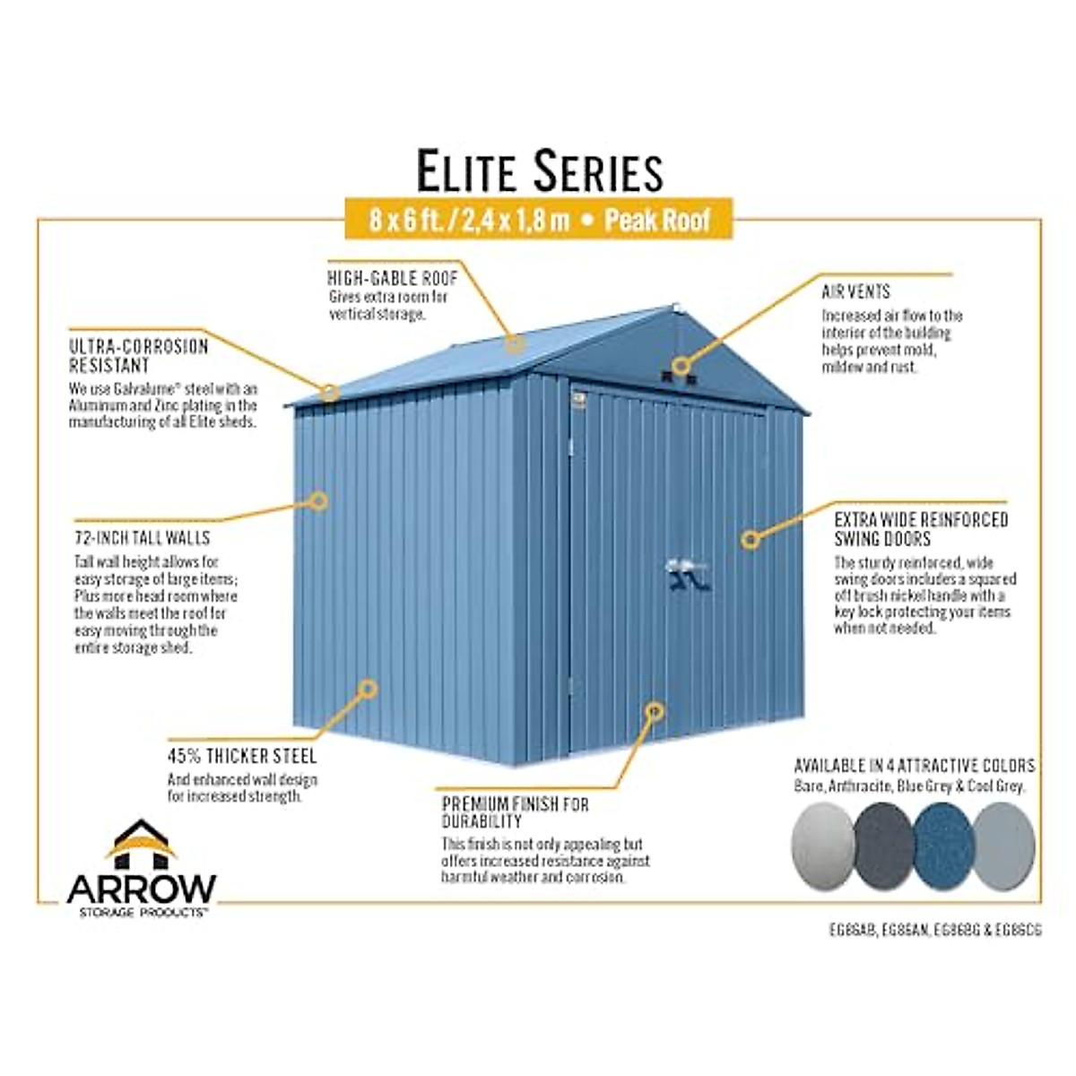 Arrow Shed Elite 8' x 6' Outdoor Lockable Steel Storage Shed Building, Cool Grey