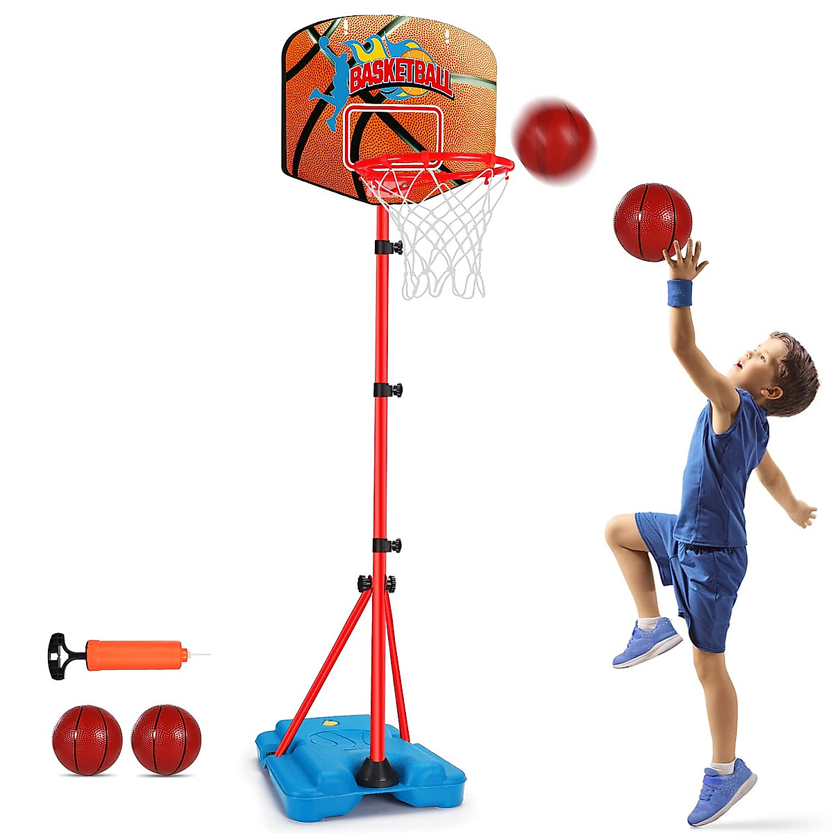 Toddler Basketball Hoop Stand Adjustable Height 2.5 ft -6.2 ft Indoor Basketball Goal Toy with Ball Pump for Kids Boys 2 3 4 5 6 7 8 Years Old Indoor Outdoor Toys Age 1-3 4-8 Yard Games Gifts