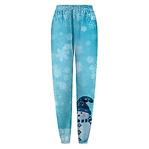 High Waisted Sweatpants for Women,High Waisted Sweatpants for Women Christmas Snowman Print Elastic Waisted Workout Active Joggers Drawstring Wide Leg Trouser Elk Print Sky Blue XL