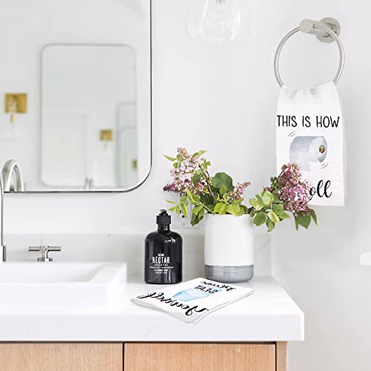 Vansolinne Funny Bathroom Hand Towels with Hanging Loop (4 Packs), 24''x18'' Absorbent Waffle Weave Towels with Humorous Words & Pattern, Cool Guest Hand Towels Funny Bath Decor Nice Bathroom Gifts