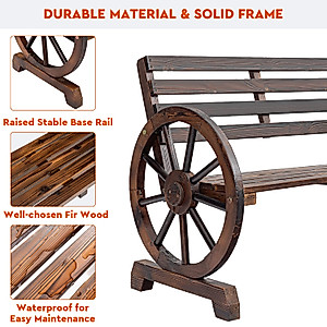 Vagowin Wagon Wheel Bench, Outdoor Bench, Rustic Wooden 2-Person Seat Patio Bench with Backrest for Garden, Porch, Yard, Brown, 22 inches D x 56 inches W x 30.5 inches H
