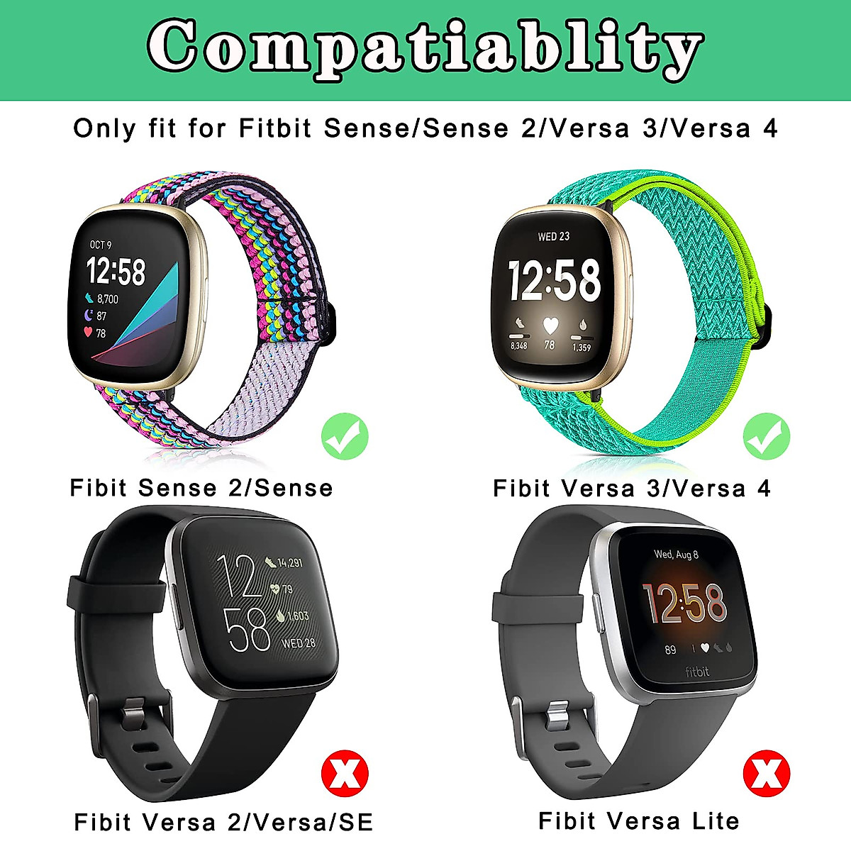 4 Pack Stretchy Bands Compatible with Fitbit Versa 3/ Versa 4/ Sense 2/Fitbit Sense Women Men, Adjustable Elastic Breathable Loop Nylon Replacement Straps