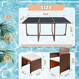Homall 11 Pieces Patio Dining Sets Outdoor Furniture Patio Wicker Rattan Chairs and Tempered Glass Table Sectional Set Conversation Set Cushioned with Ottoman (Brown)