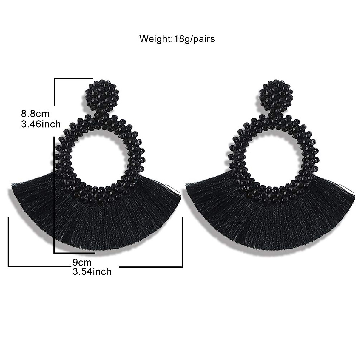 D.Rosse Handmade Bohemian Tassel Crystal Statement Drop Dangle Earrings for Women Hoop Fringe Lightweight Ear Jewelry Summer Accessories (Black)