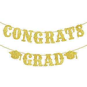Gold Glitter, Congrats Grad Banner 2022 - No DIY, 10 Feet | 45 Pieces, Graduation Hanging Swirls Decorations - No DIY | Gold Graduation Party Decorations 2022 | Graduation Hanging Decorations 2022