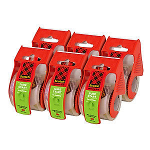 Scotch Sure Start Shipping Packaging Tape, 1.88"x 22.2 yd, Designed for Packing, Shipping and Mailing, Quiet Unwind, No Splitting or Tearing, 1.5" Core, Clear, 6 Dispensered Rolls (145-6)