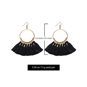 Hestya 2 Pairs Tassel Earrings for Women Girls Handmade 3 Tiered Tassel Dangle Earrings and Gold Hoop Earrings (Black)